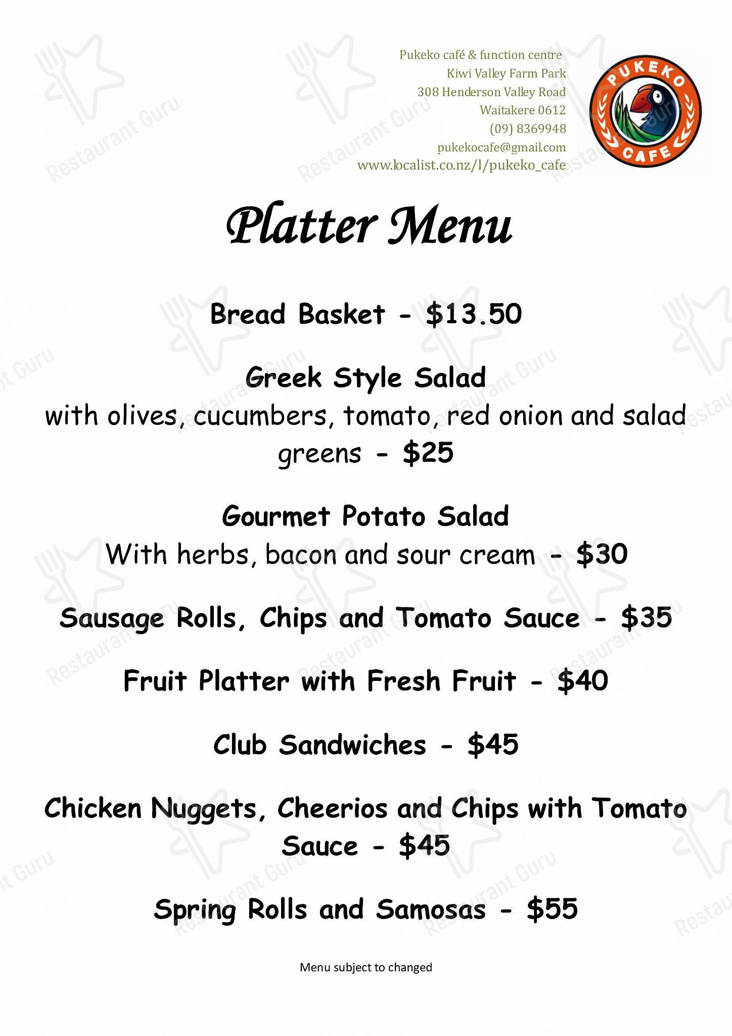 Menu at Pukeko Cafe & Function Centre, Auckland, 308 Henderson Valley Rd
