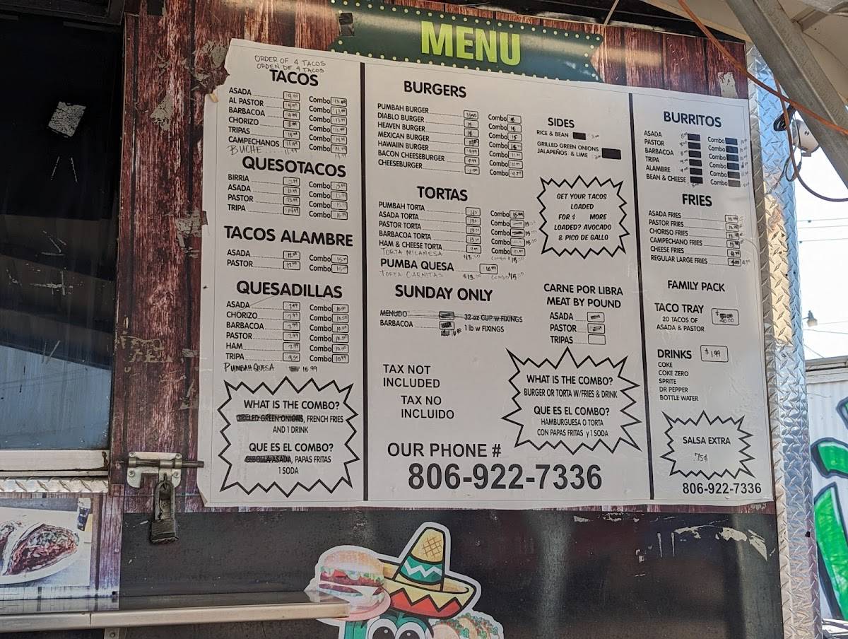 Menu at Pumbah’s Tacos & Burgers restaurant, Dumas