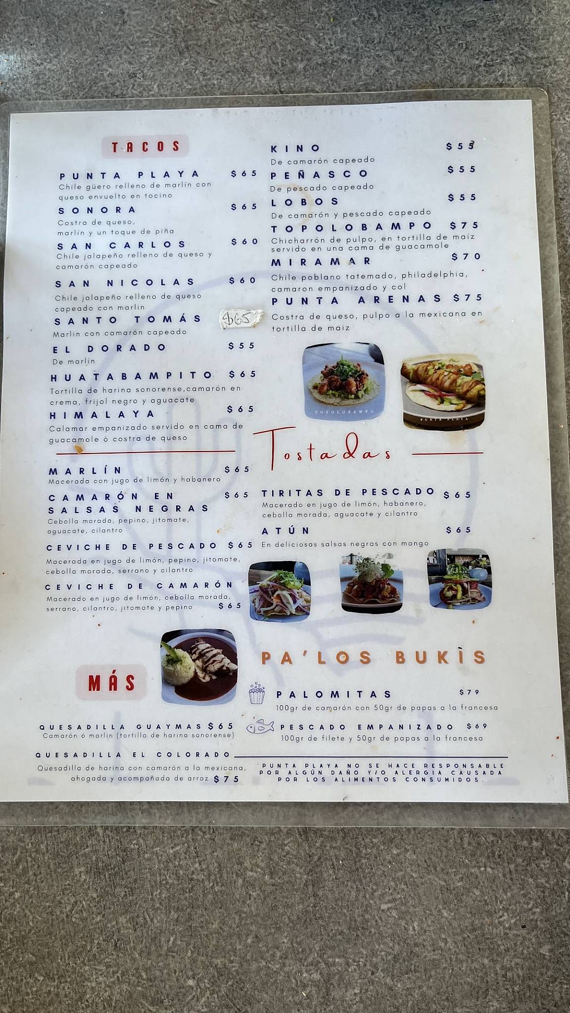 Menu at Punta Playa restaurant, Mexico