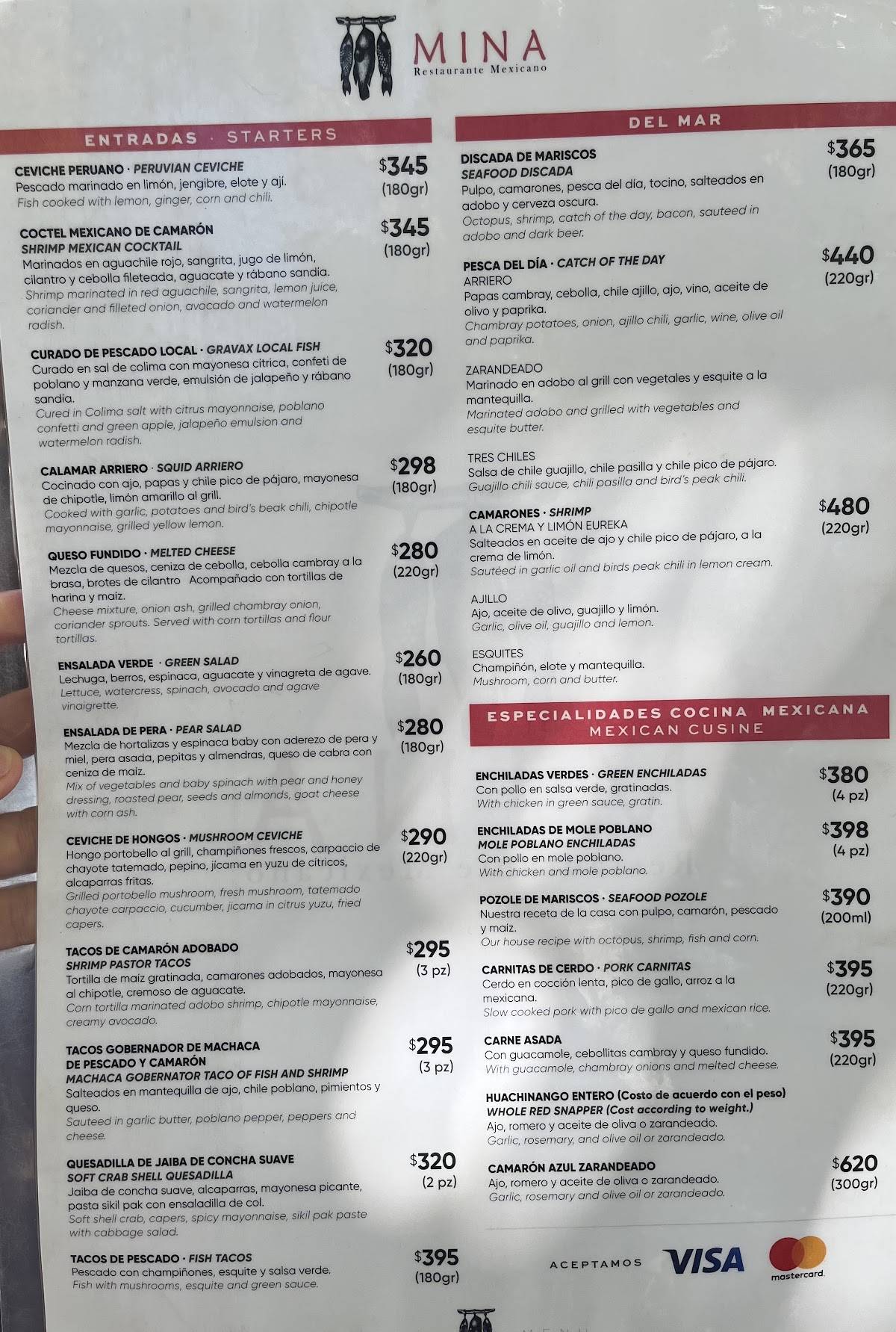 Menu at MINA restaurant, Punta de Mita
