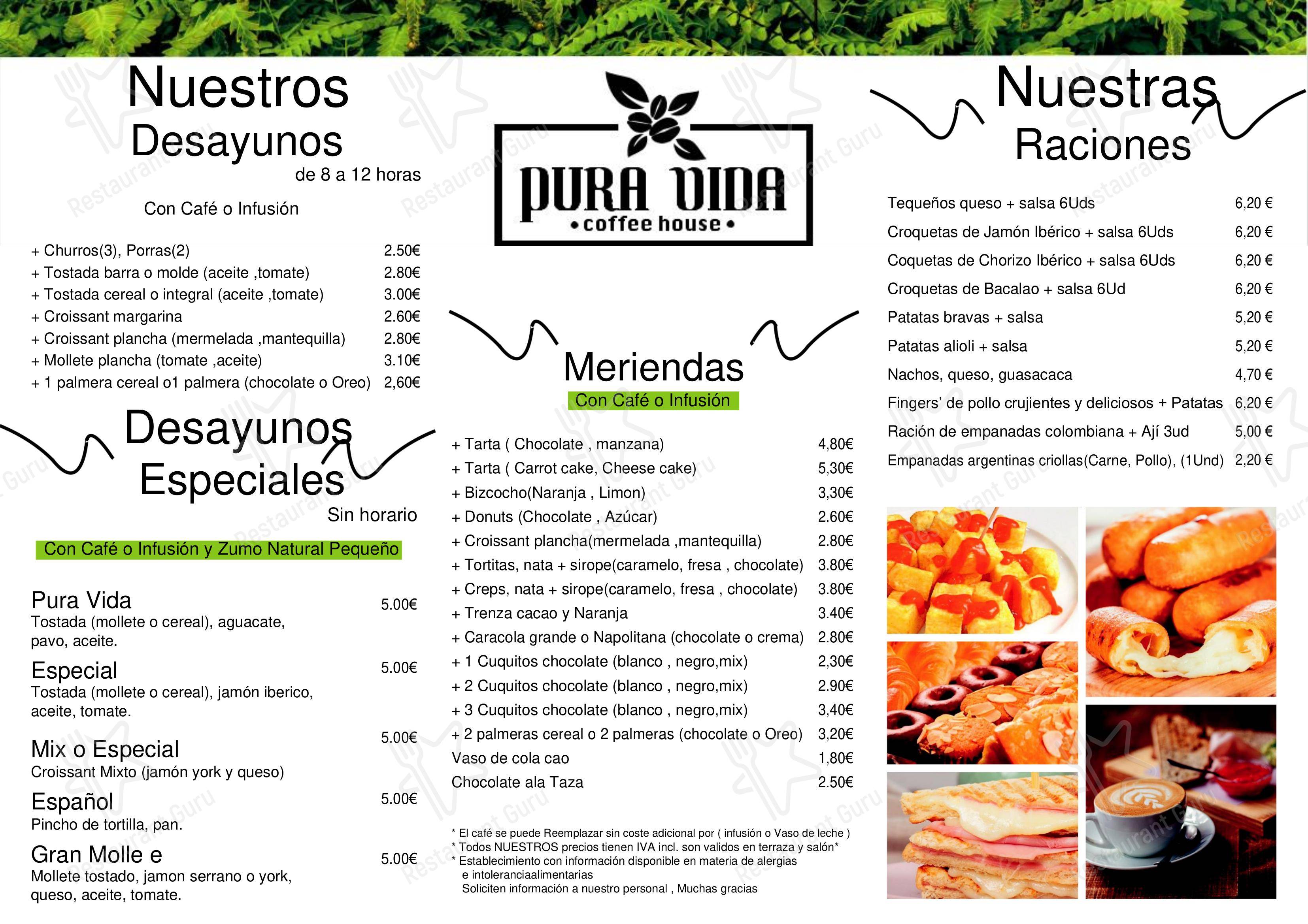 Menu at Pura Vida Coffee House, Madrid