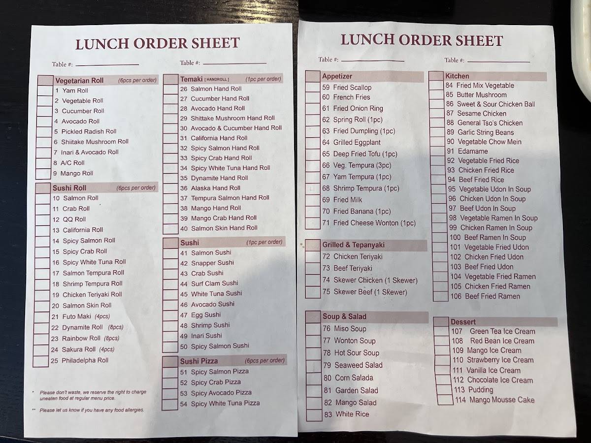 Menu at QQ Sushi restaurant, Lindsay