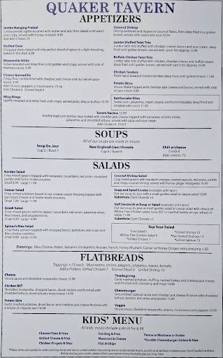 Menu at Quaker Tavern restaurant, Uxbridge, 466 Quaker Hwy #1603