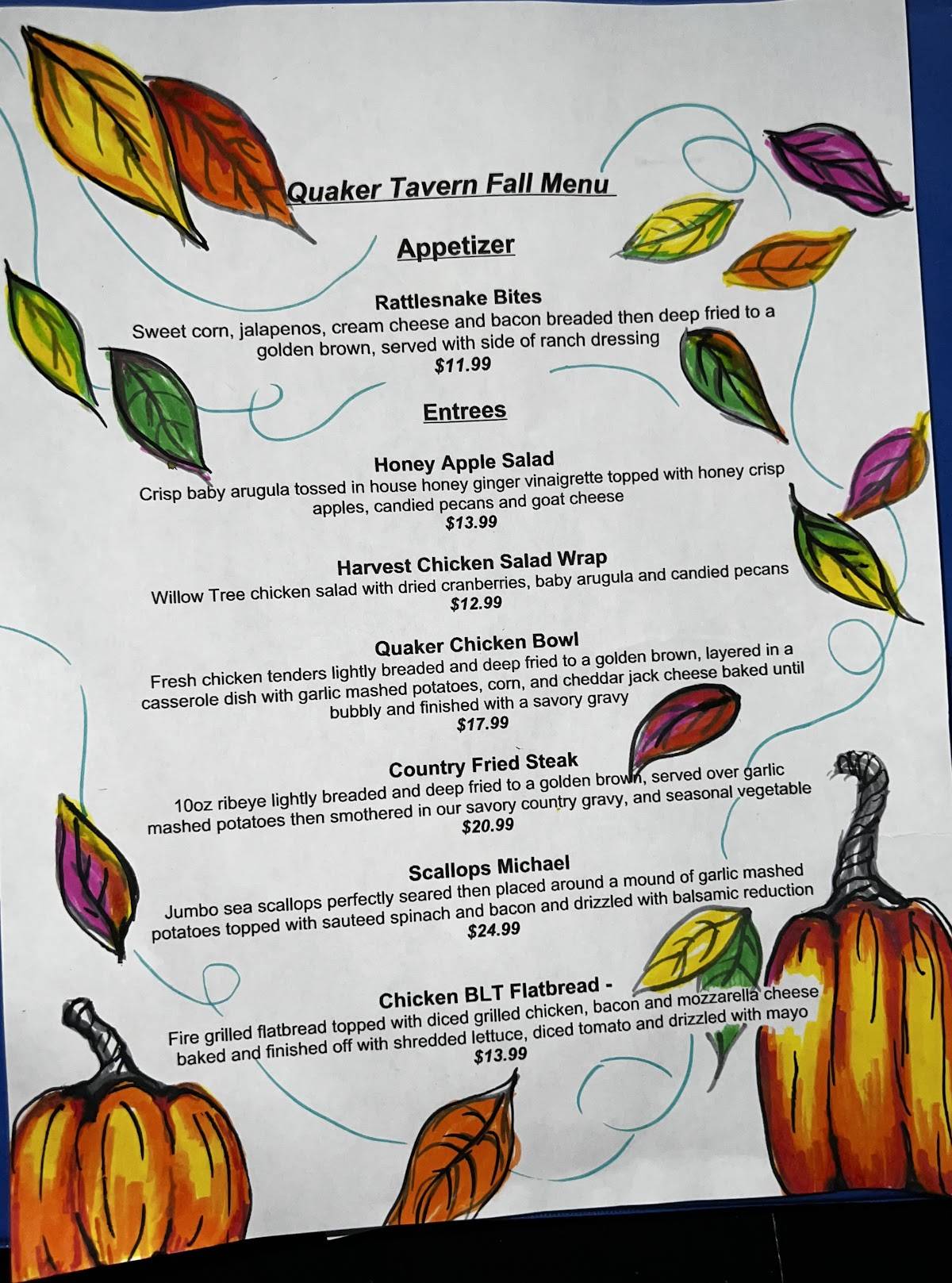 Menu at Quaker Tavern restaurant, Uxbridge, 466 Quaker Hwy #1603