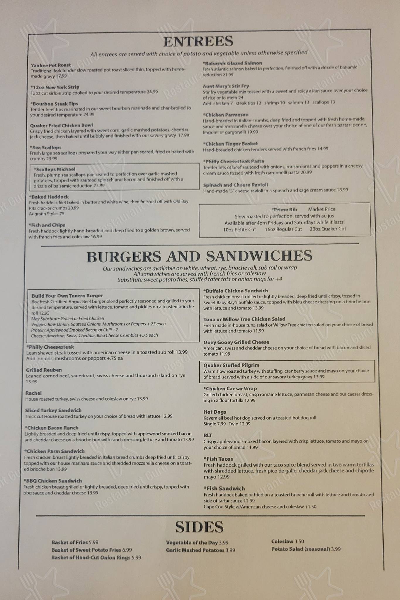 Menu at Quaker Tavern restaurant, Uxbridge, 466 Quaker Hwy #1603