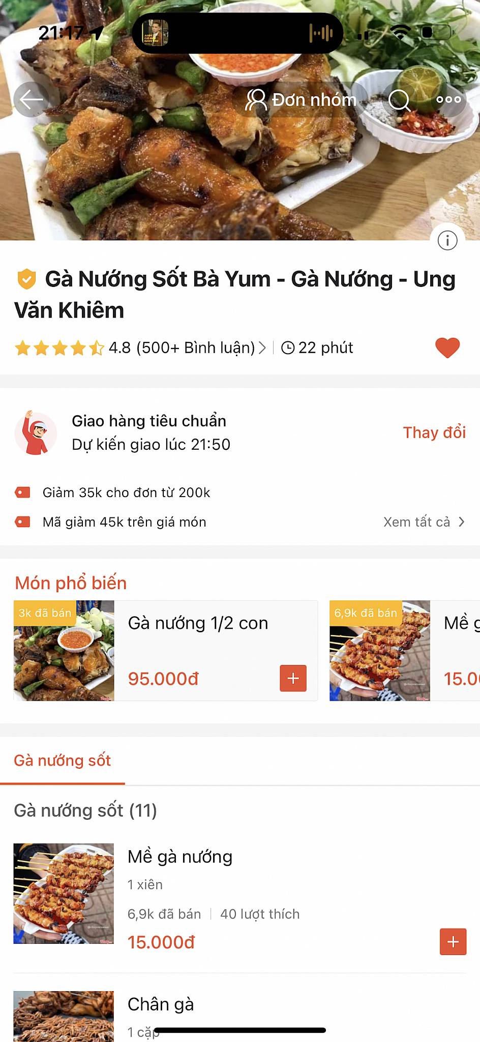 Menu at Quán Bà Yum restaurant, Ho Chi Minh City