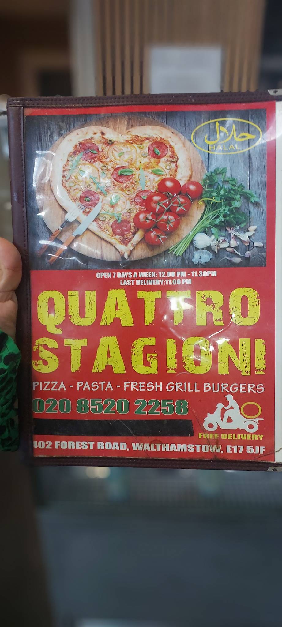 Menu at Quattro Stagioni fast food, London, 402 Forest Rd