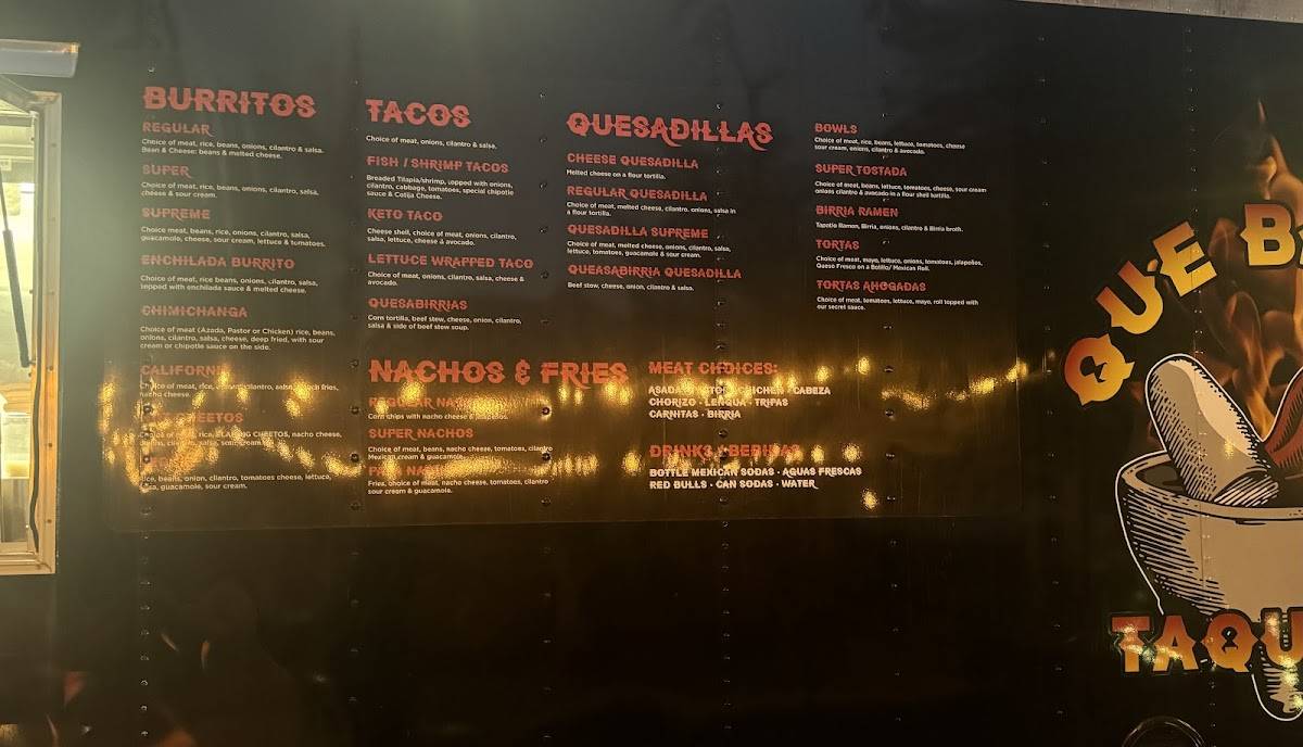 Menu at Que Brava Taqueria Taco Truck restaurant, Orland