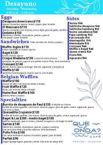 Menu at Qué Onda? Café, Chelem