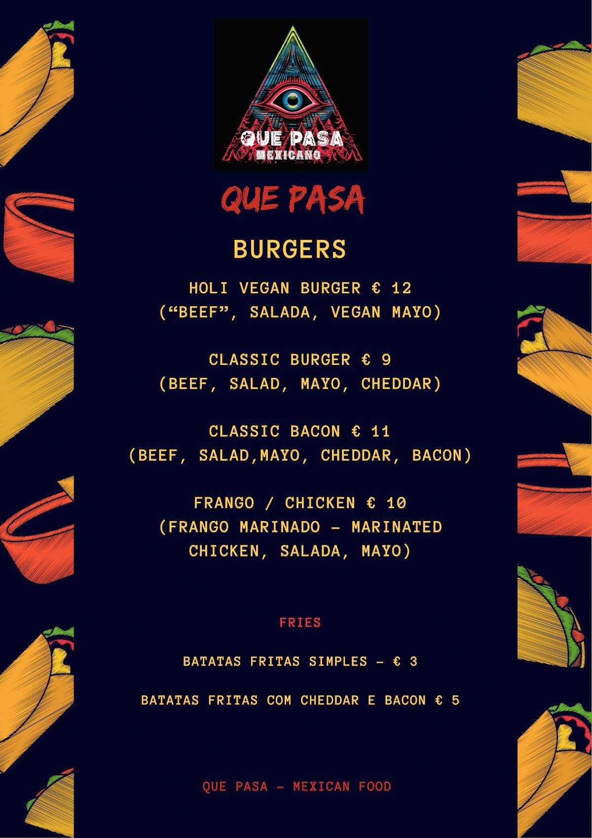Menu at Que Pasa restaurant, Lisbon