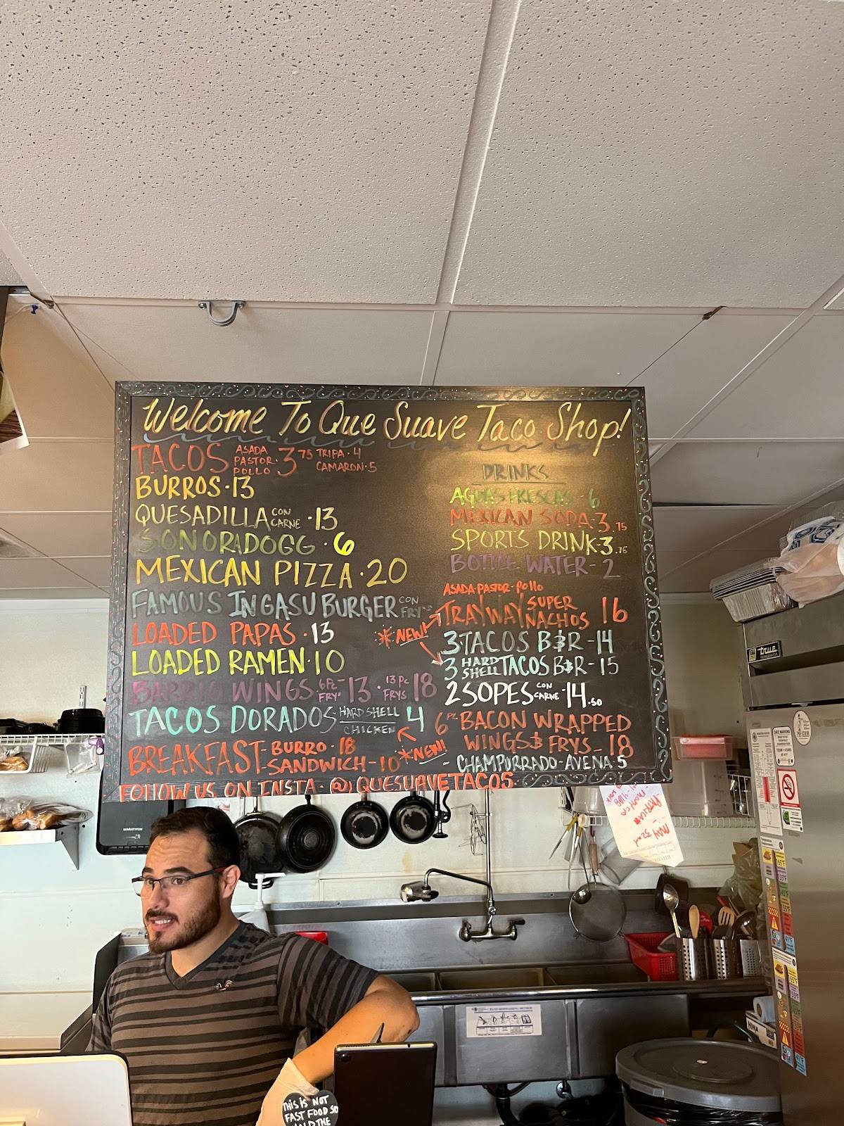 Menu at Que Suave Taco Shop restaurant, Phoenix