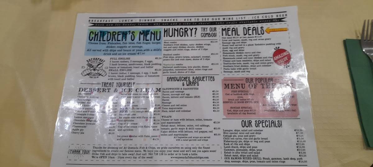 Menu at Quesada Fish and Chips restaurant, Quesada