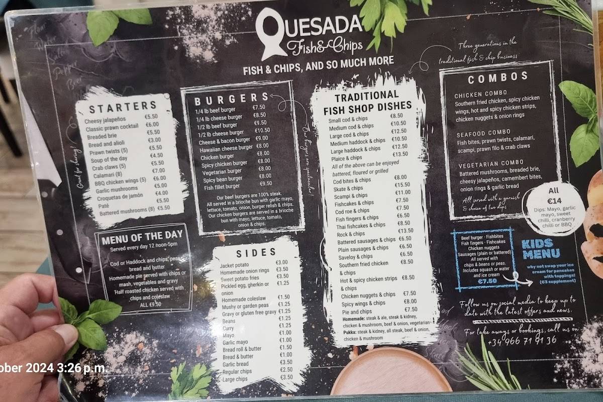 Menu at Quesada Fish and Chips restaurant, Quesada