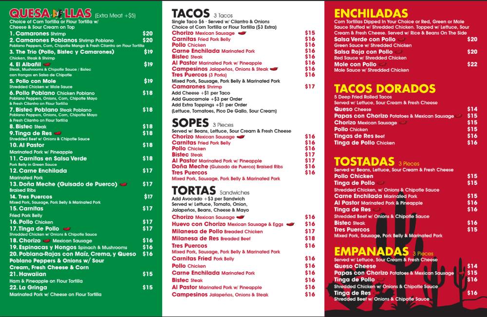 Menu at Quesadillas Doña Meche restaurant, Lacey Township
