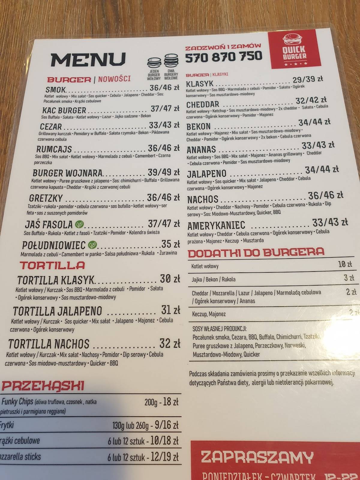 Menu at Quick Burger restaurant, Bialystok