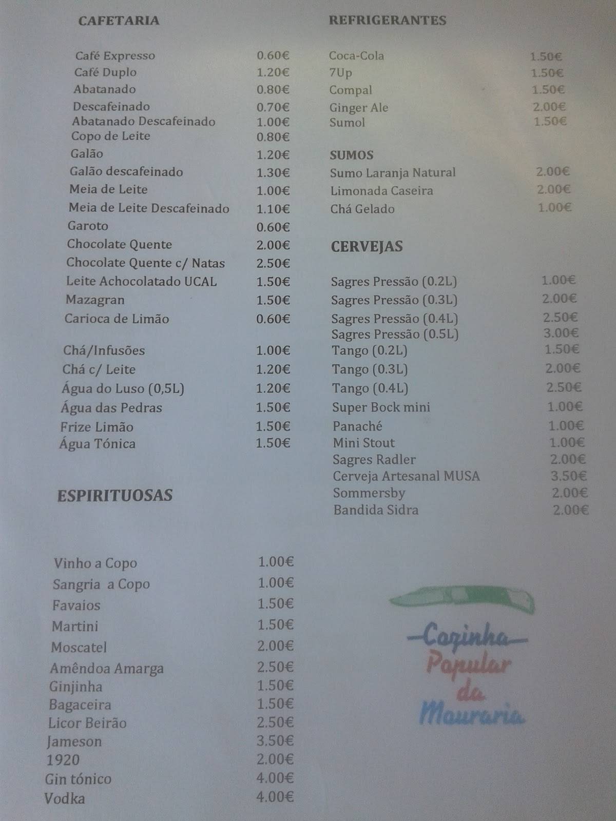 Menu at Quiosque Popular cafe, Lisbon