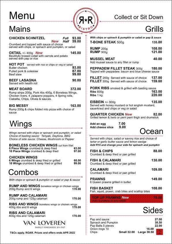 Menu at R&R Bistro restaurant, Pretoria, CNR Nico Smith St