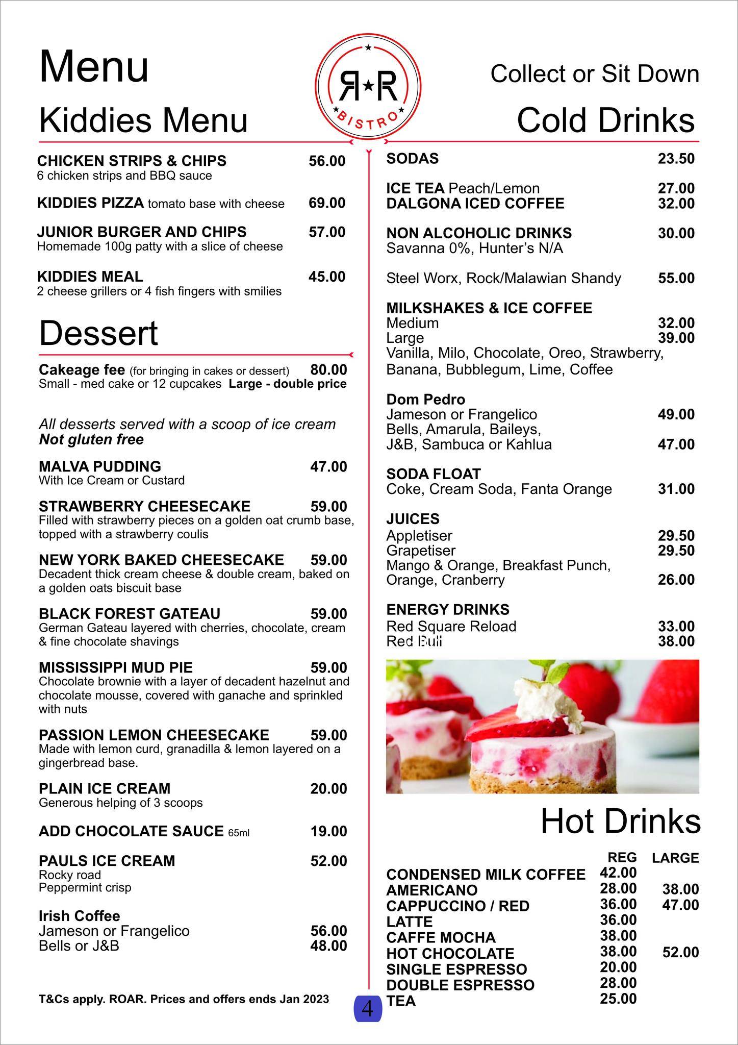 Menu at R&R Bistro restaurant, Pretoria, CNR Nico Smith St