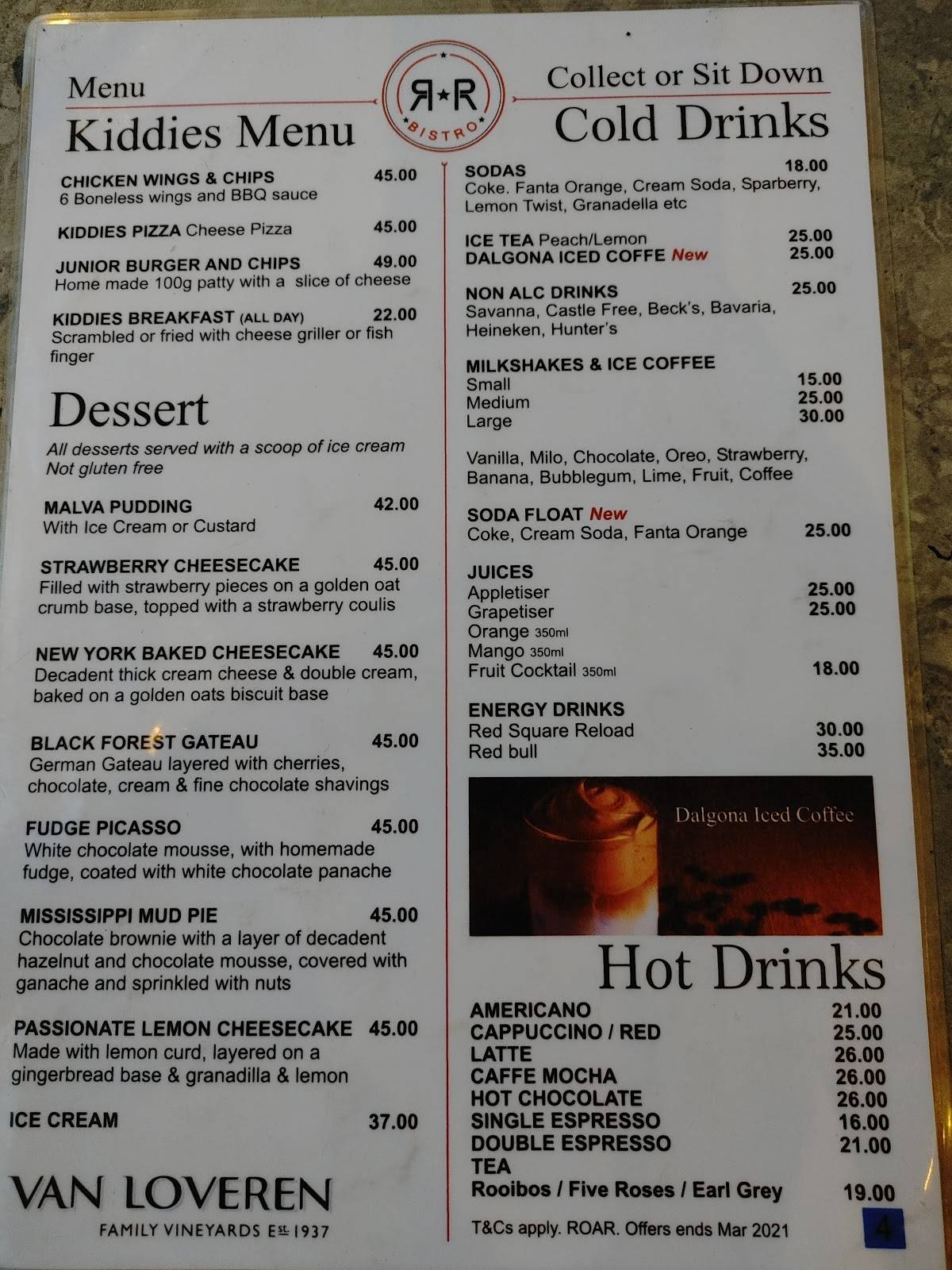 Menu at R&R Bistro restaurant, Pretoria, CNR Nico Smith St