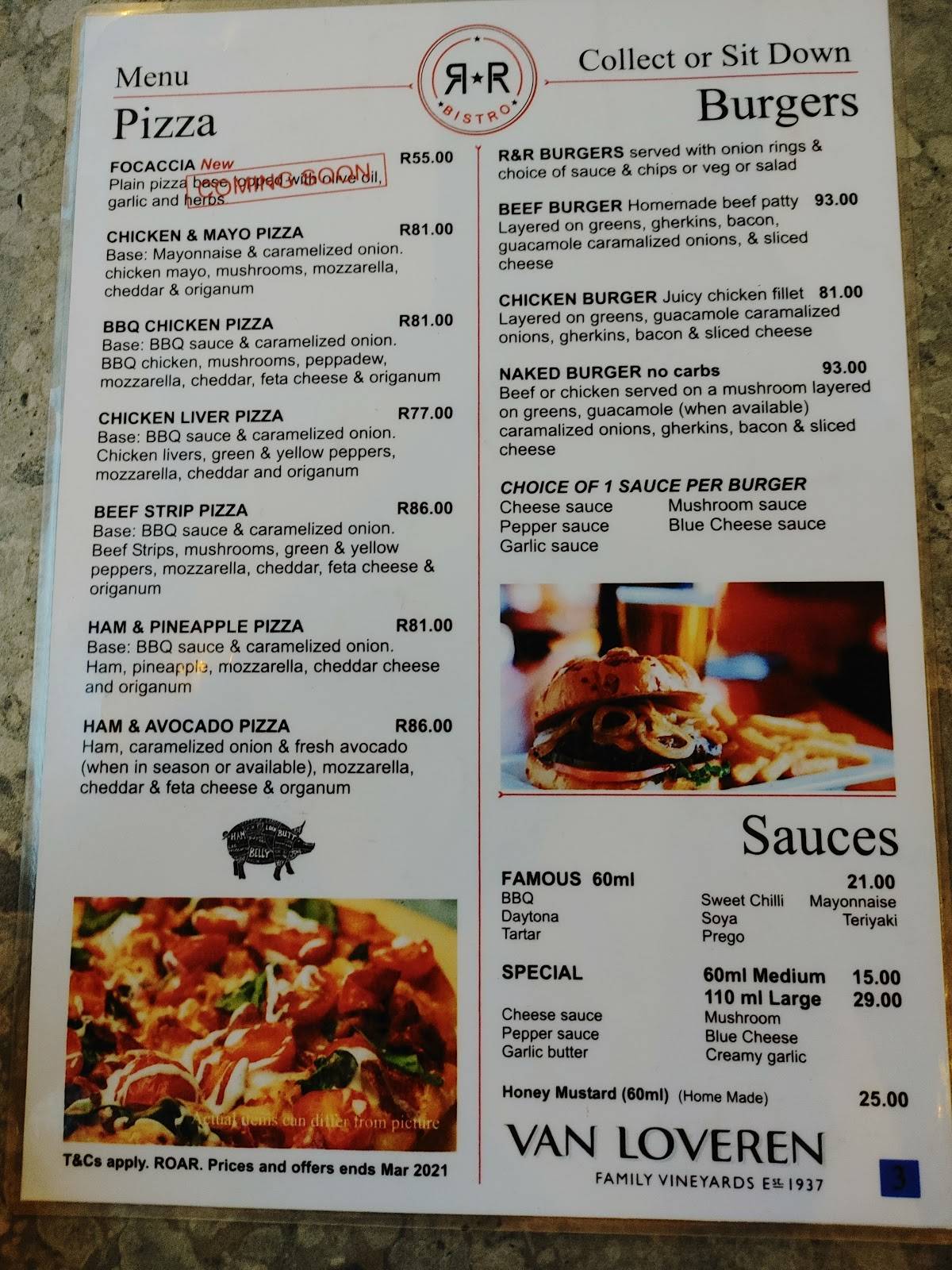 Menu at R&R Bistro restaurant, Pretoria, CNR Nico Smith St