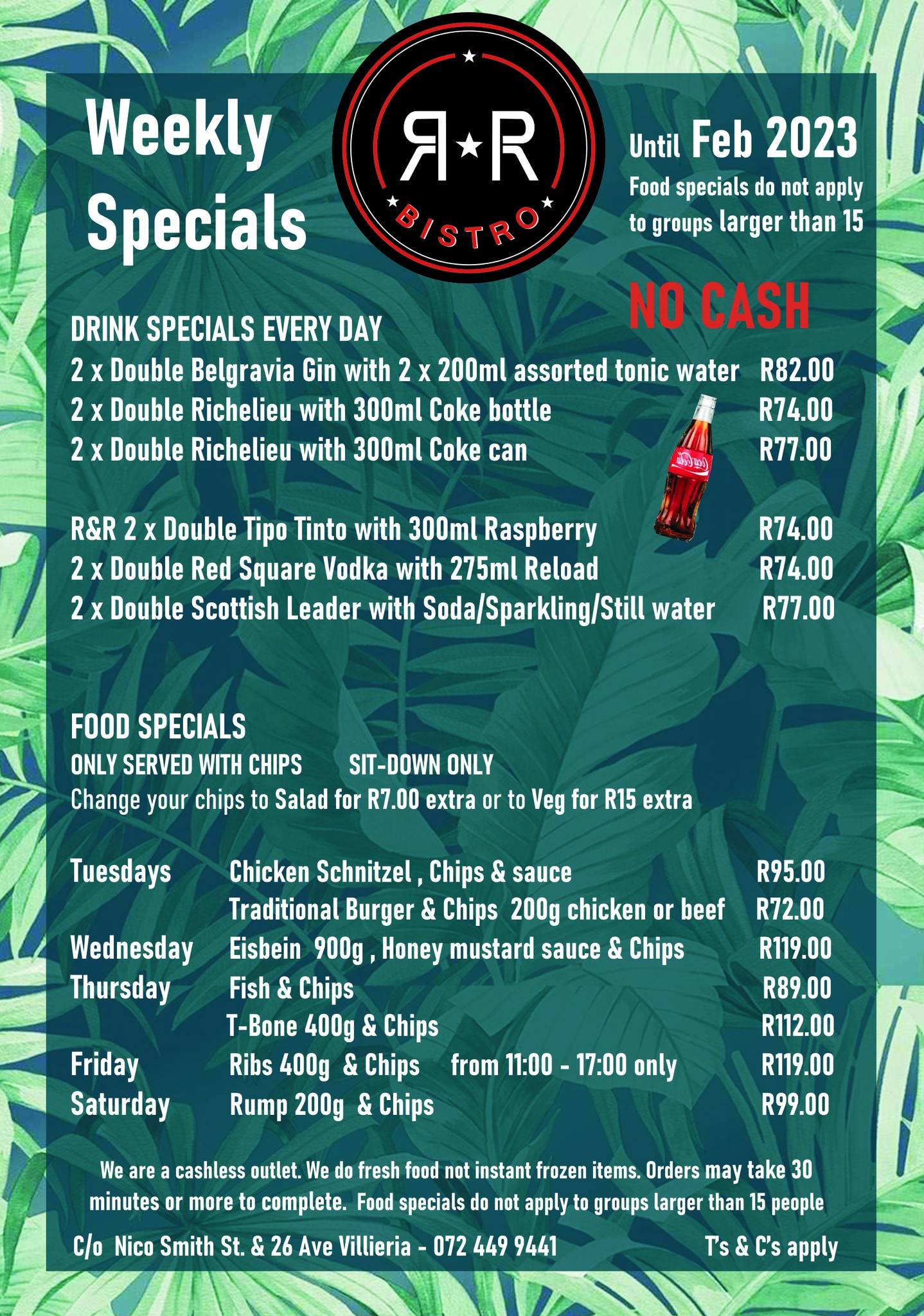 Menu at R&R Bistro restaurant, Pretoria, CNR Nico Smith St