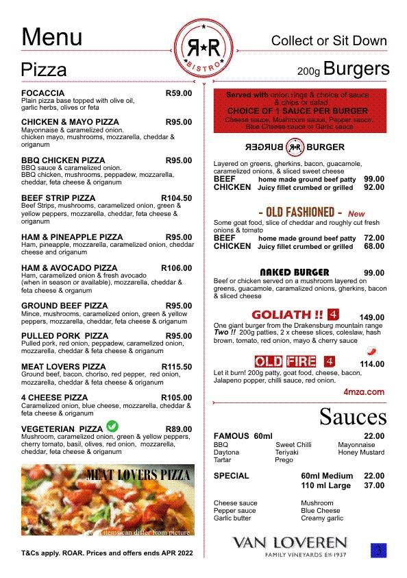 Menu at R&R Bistro restaurant, Pretoria, CNR Nico Smith St