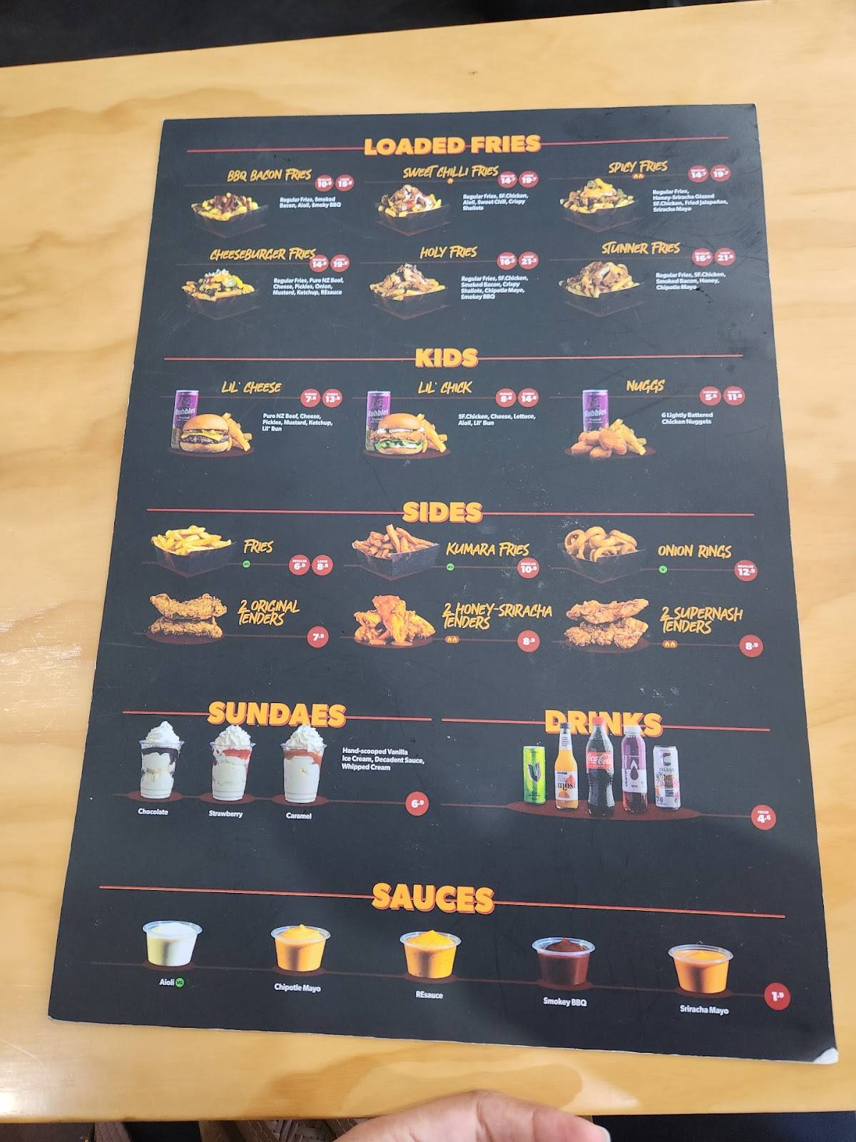 Menu at RE Burger Hornby restaurant, Christchurch