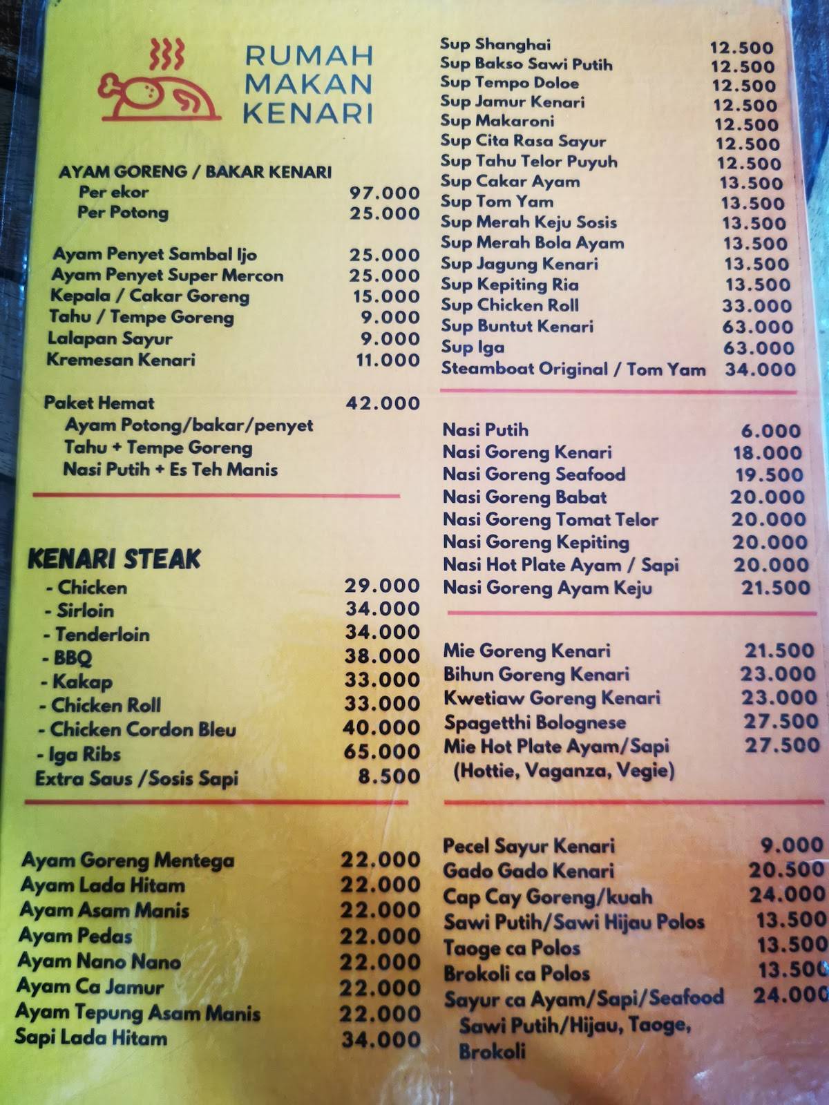 Menu at RM Kenari restaurant, Kudus