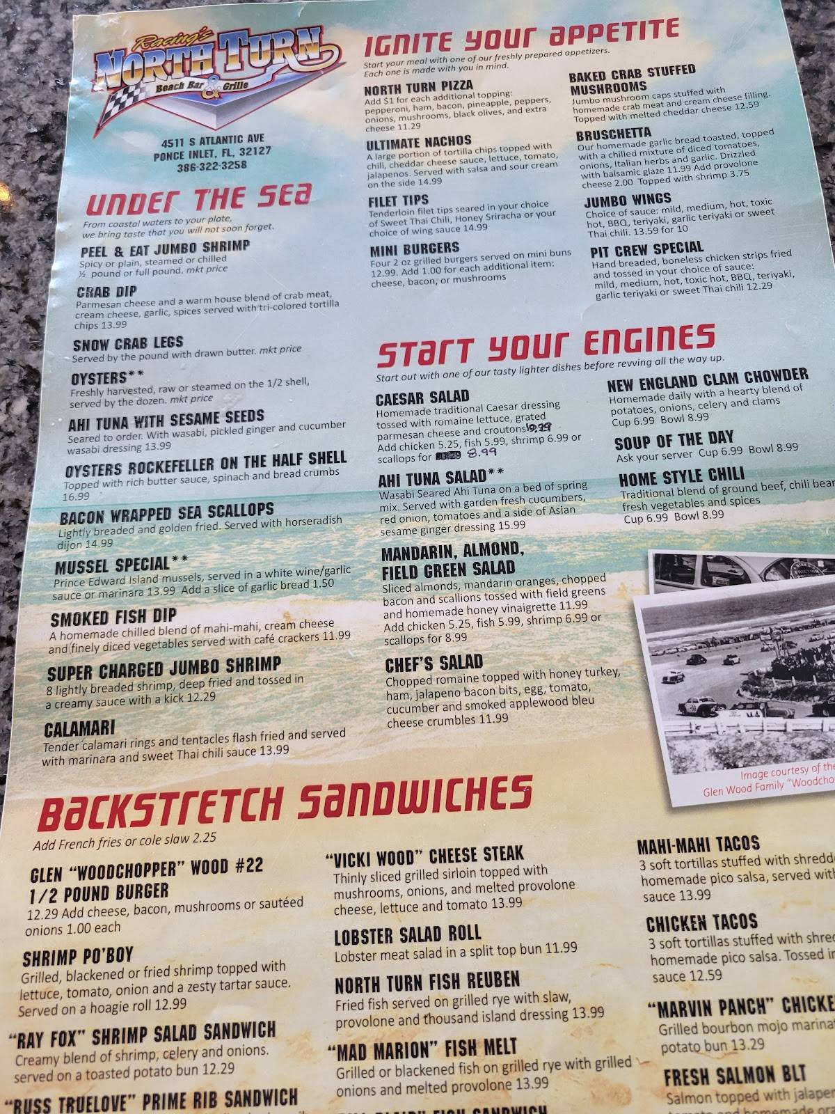 Menu at Racing's North Turn restaurant, Ponce Inlet