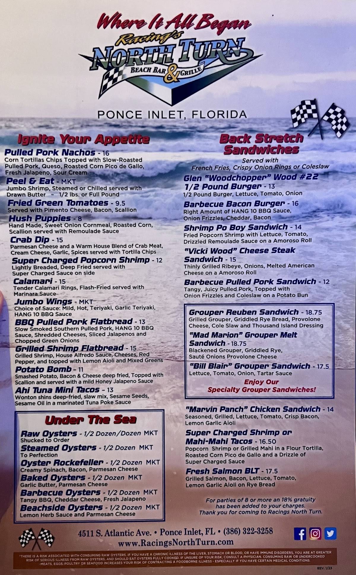 Menu at Racing's North Turn restaurant, Ponce Inlet