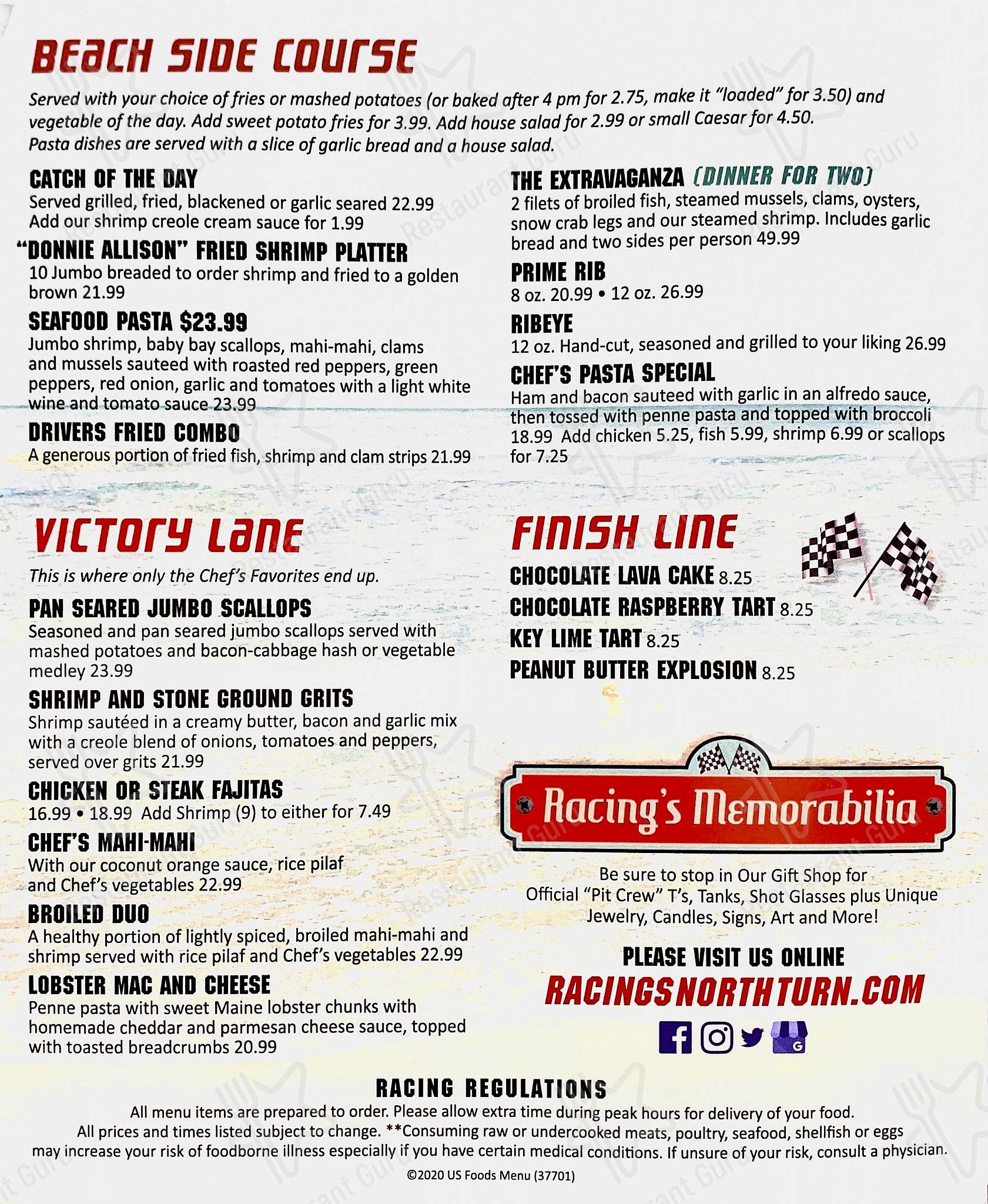 Menu at Racing's North Turn restaurant, Ponce Inlet