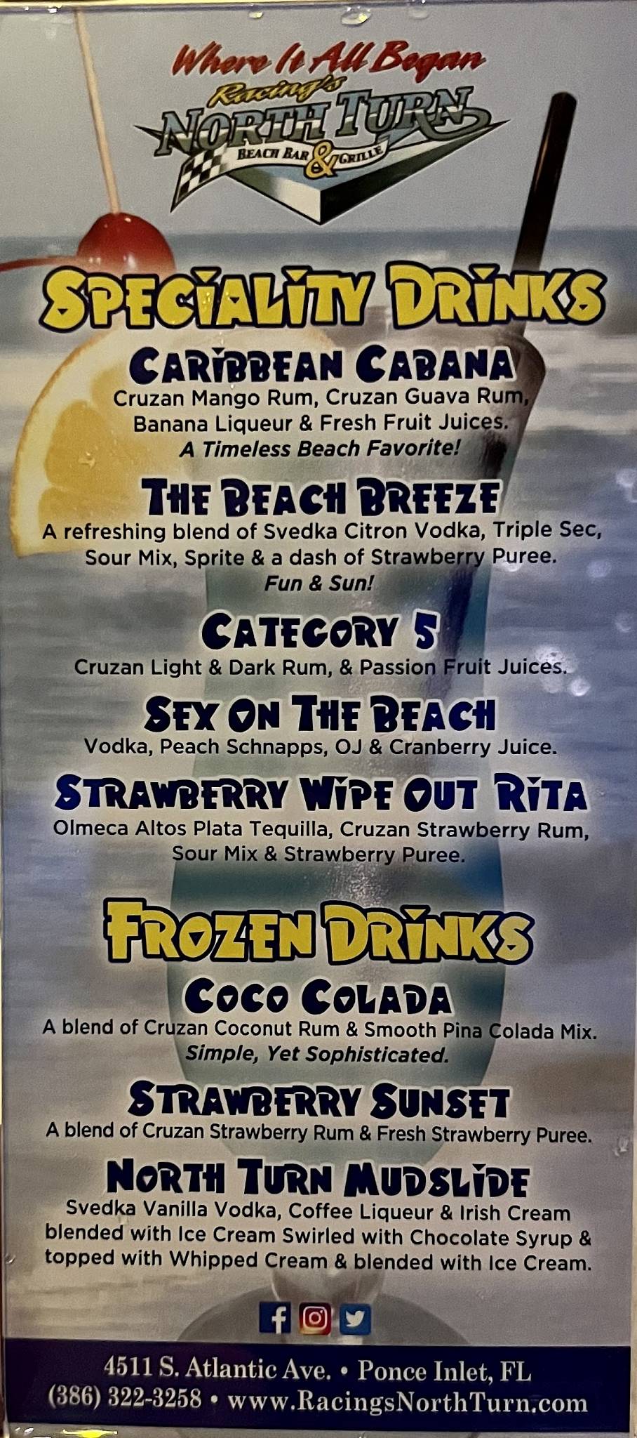 Menu at Racing's North Turn restaurant, Ponce Inlet