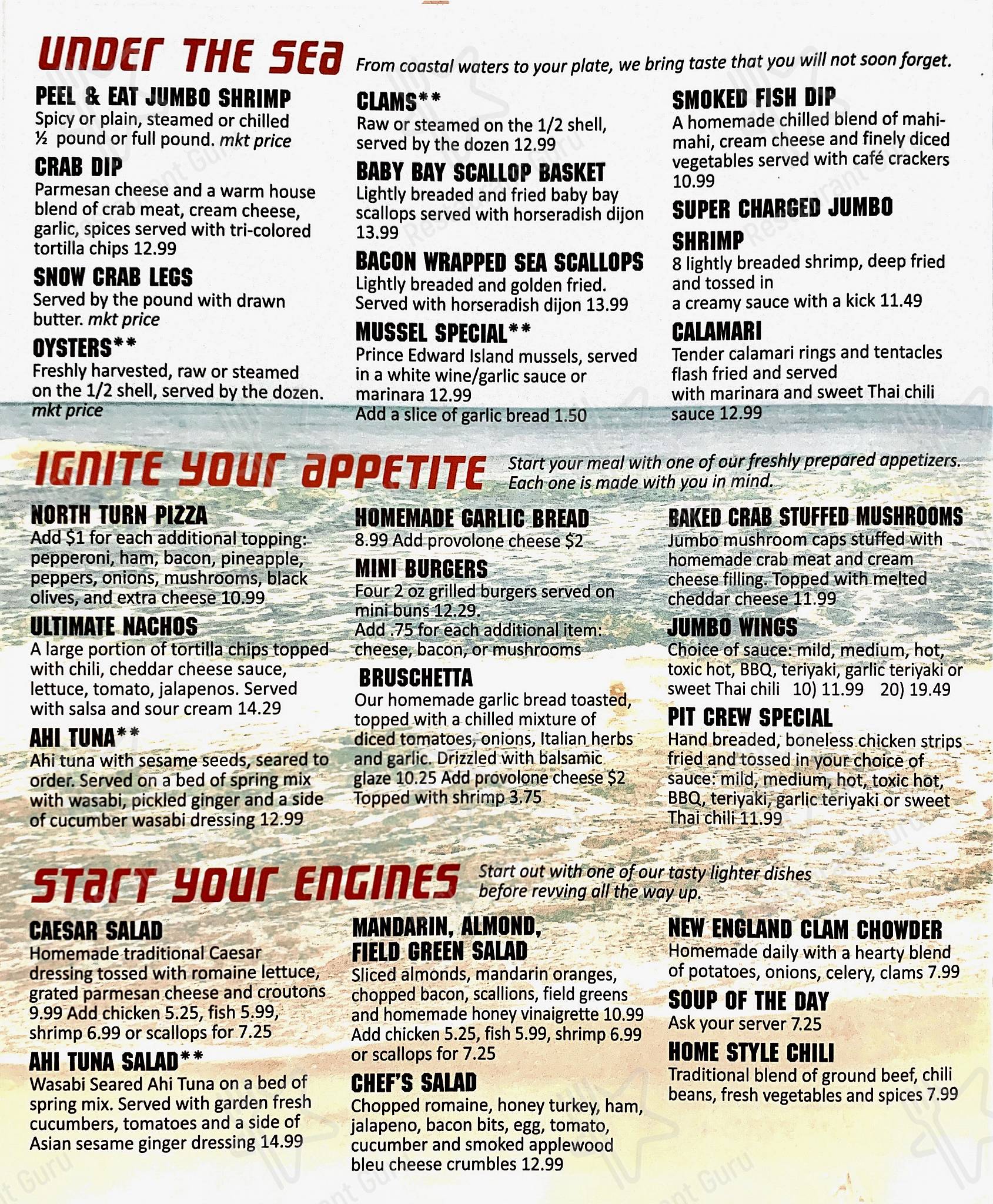 Menu at Racing's North Turn restaurant, Ponce Inlet