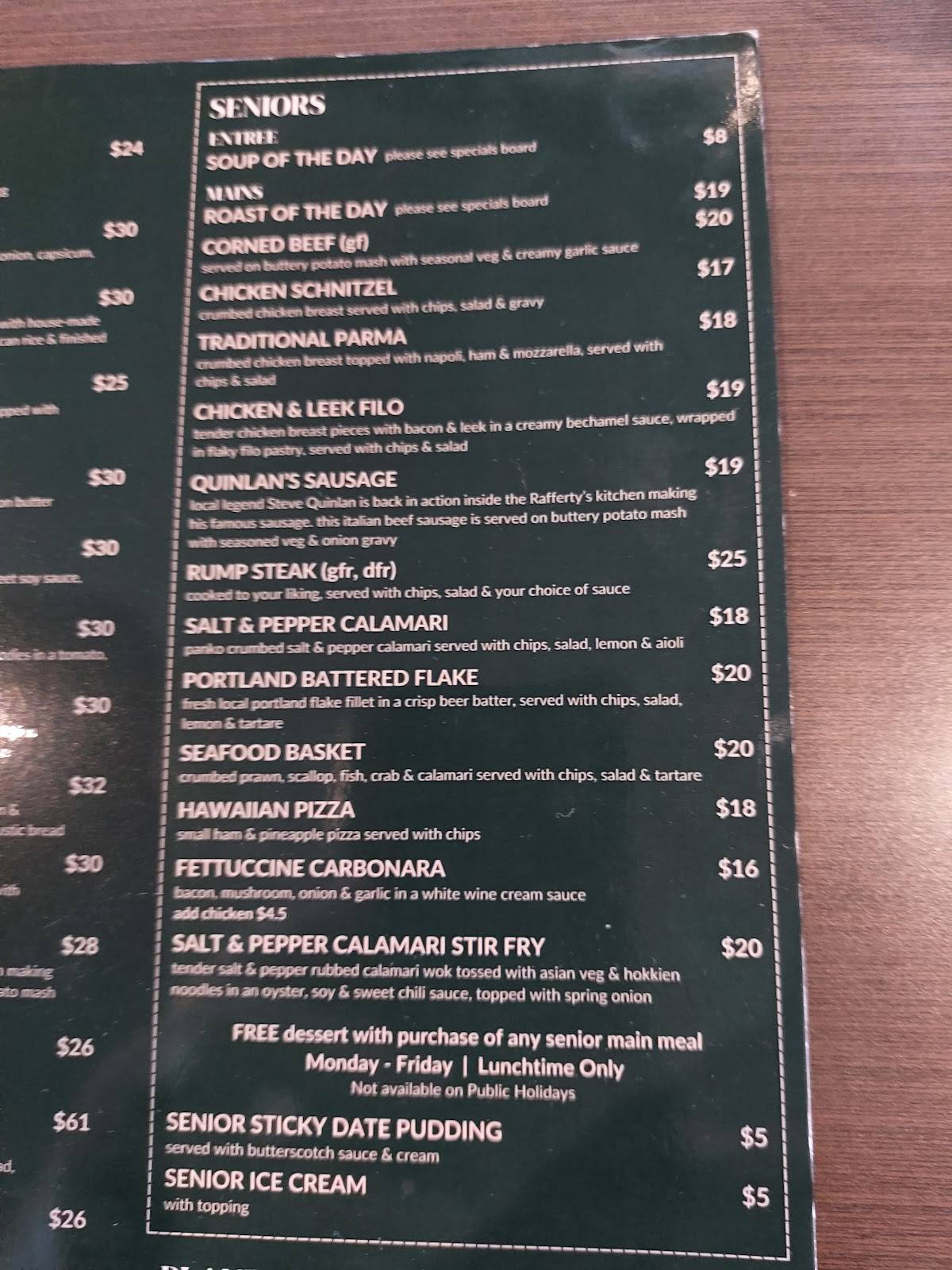 Menu at Rafferty's Tavern restaurant, Warrnambool