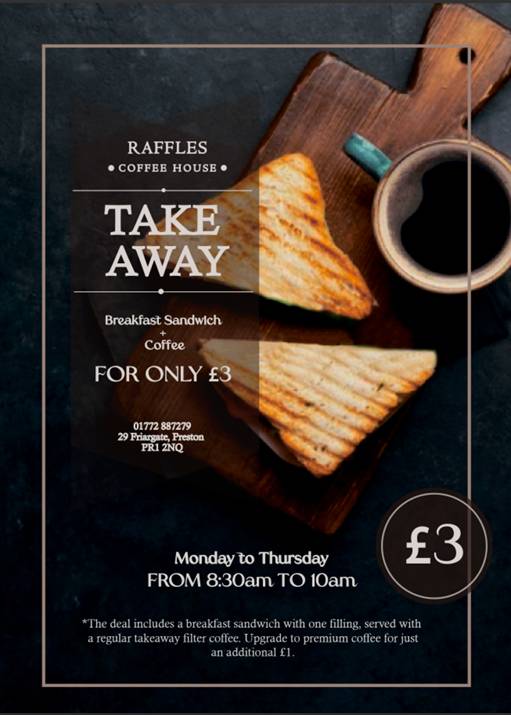 Menu at Raffles Coffee House, Preston