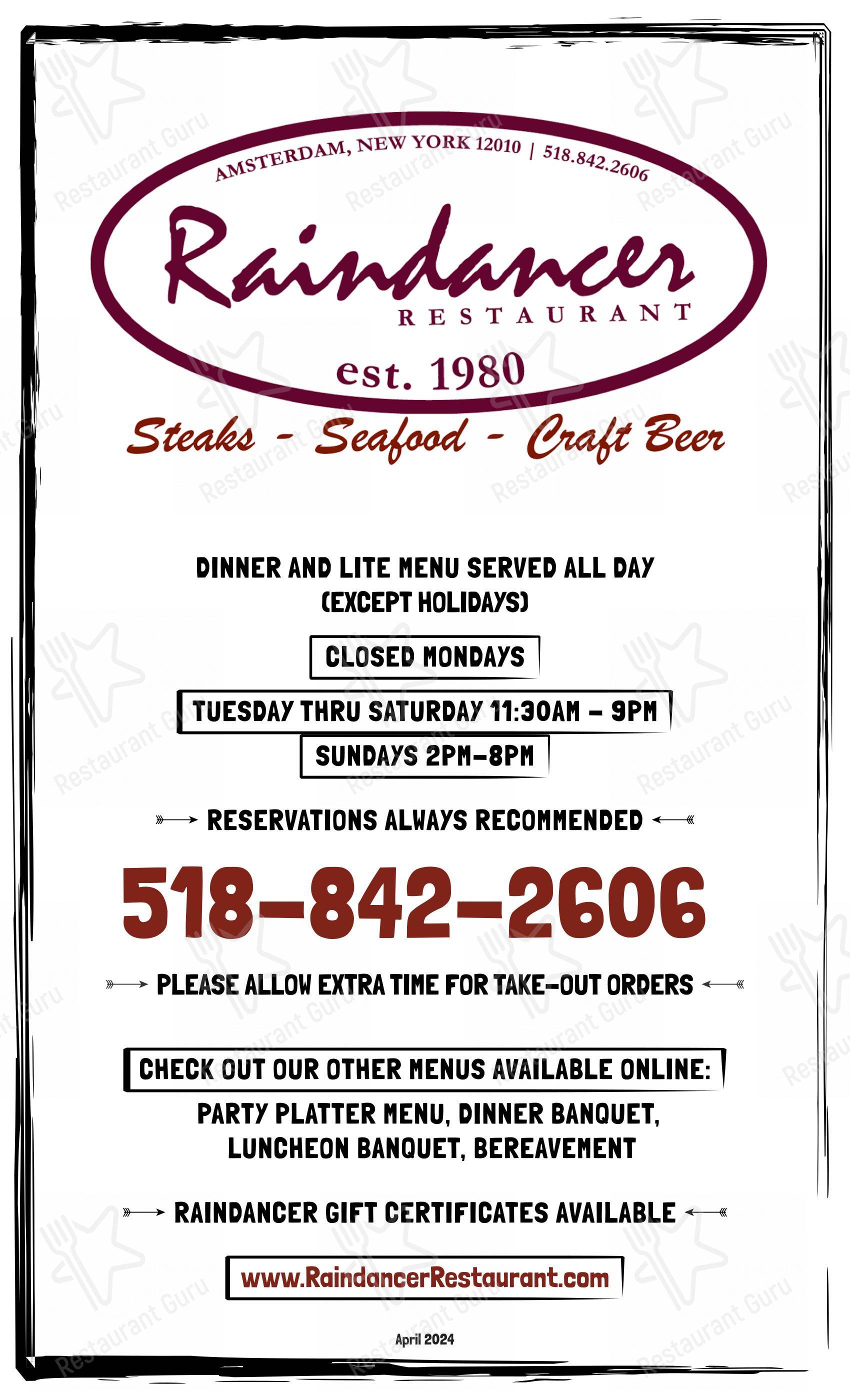Menu at Raindancer Restaurant, Amsterdam, NY-30
