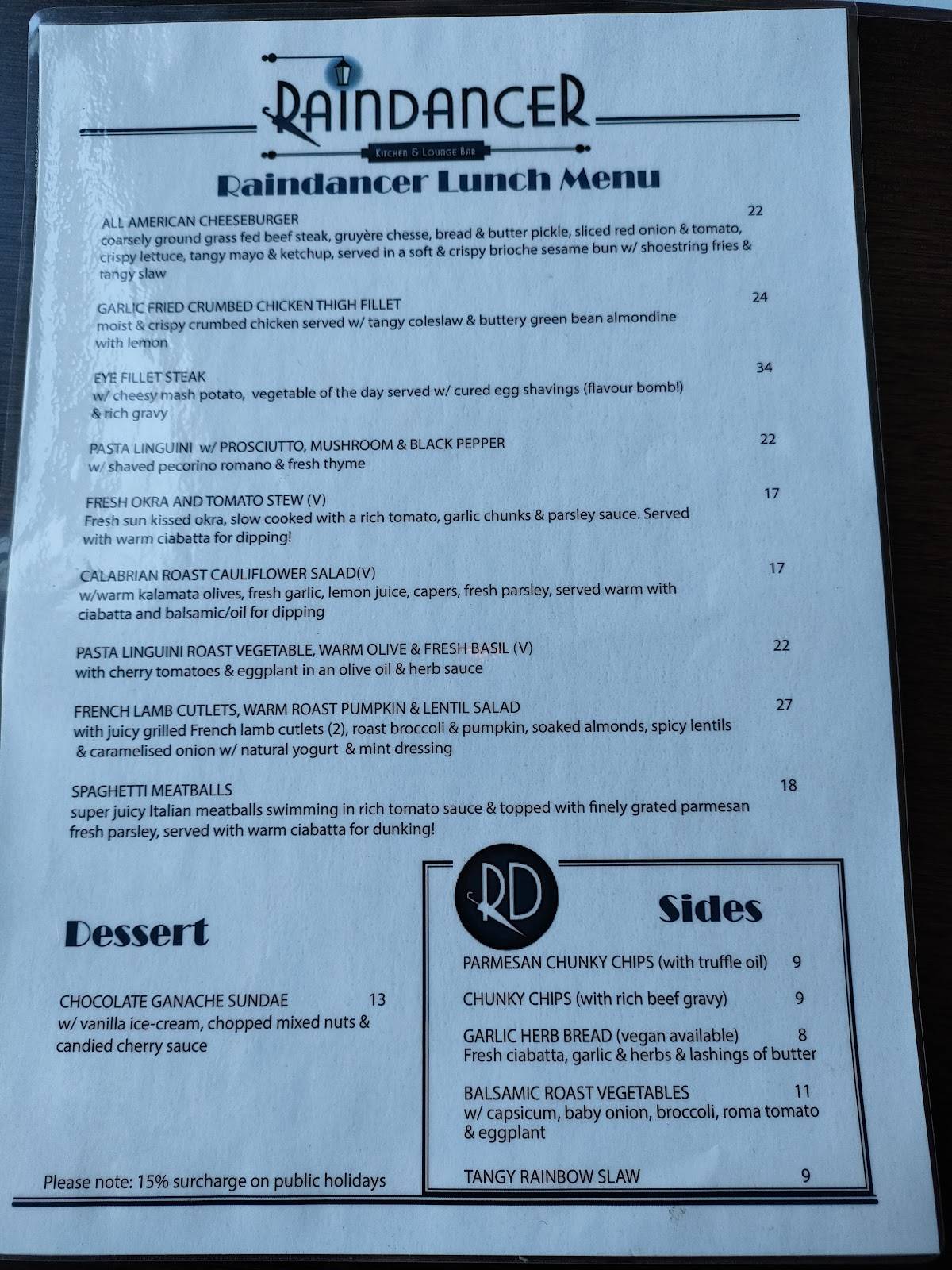 Menu at Raindancer pub & bar, South Yarra