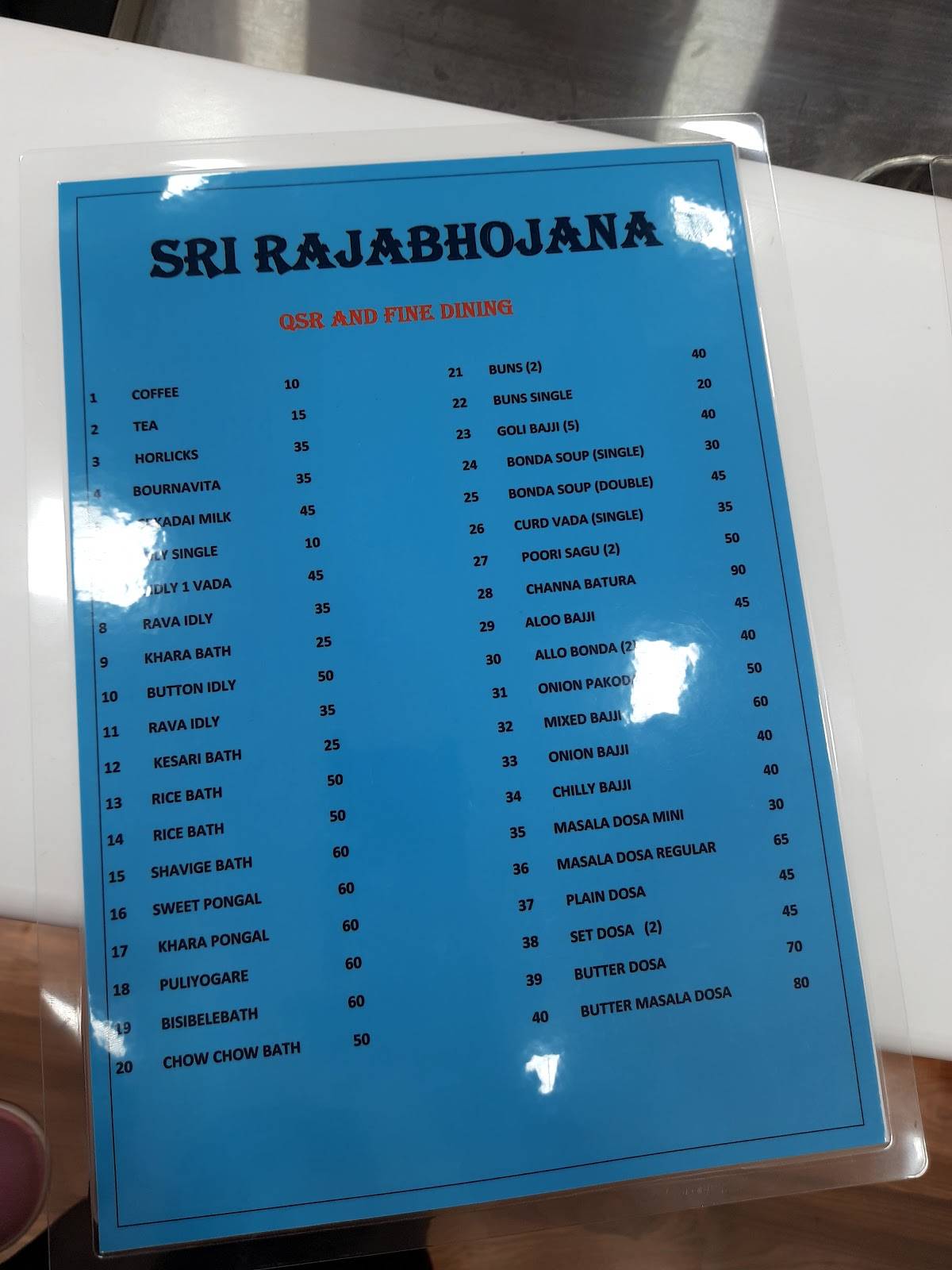 Menu at Rajabhojan Andhra style meal, India