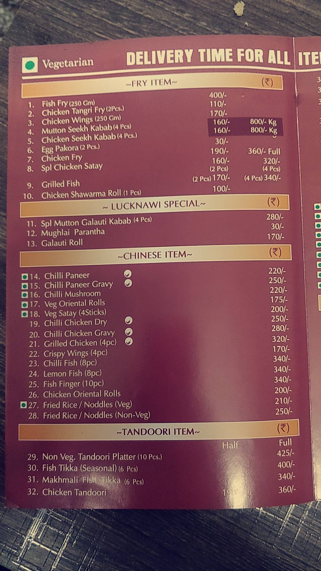 Menu at Rajinder Da Dhaba, New Delhi