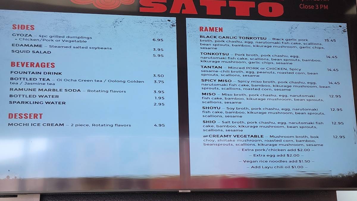 Menu at Ramen Satto restaurant, Rapid City