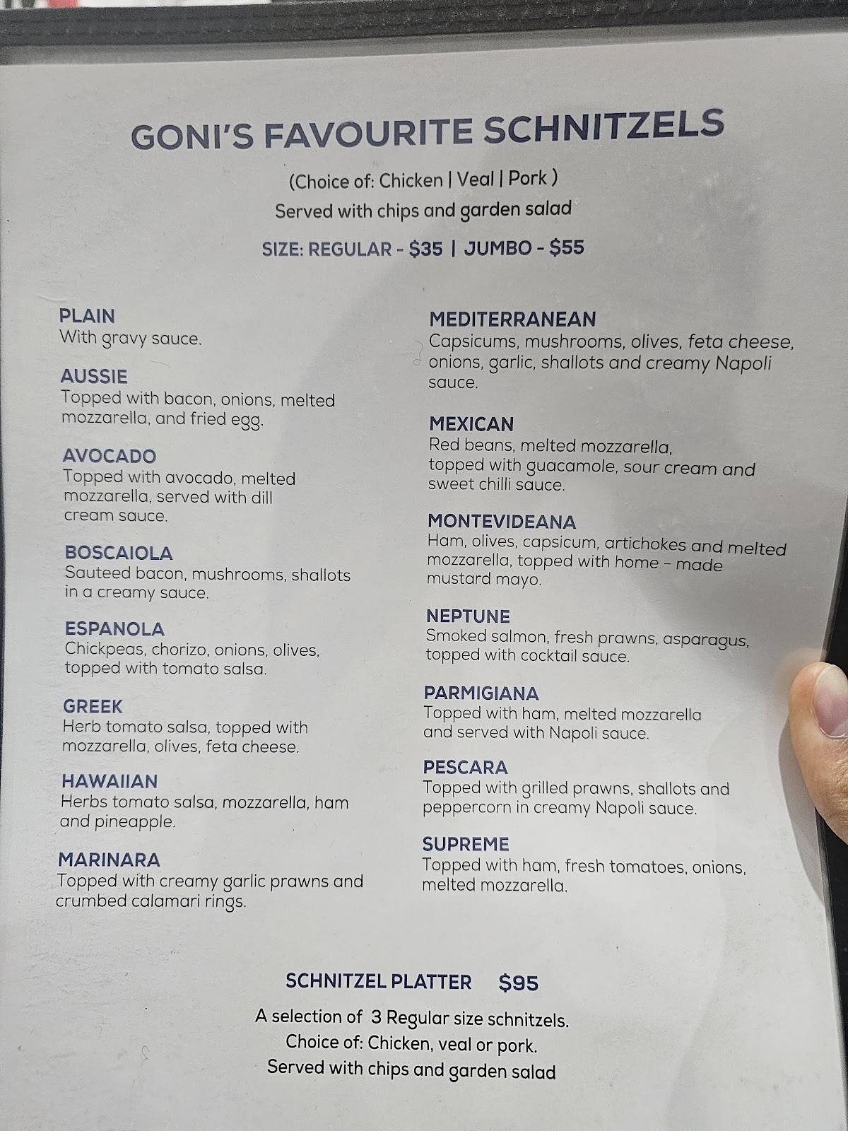 Menu at The Goni's Schnitzelria restaurant, Ramsgate