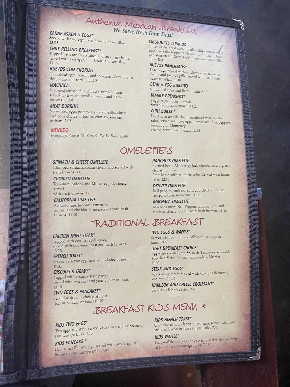 Menu at Rancho Rustico Restaurant, Tucson, E Old Vail Rd