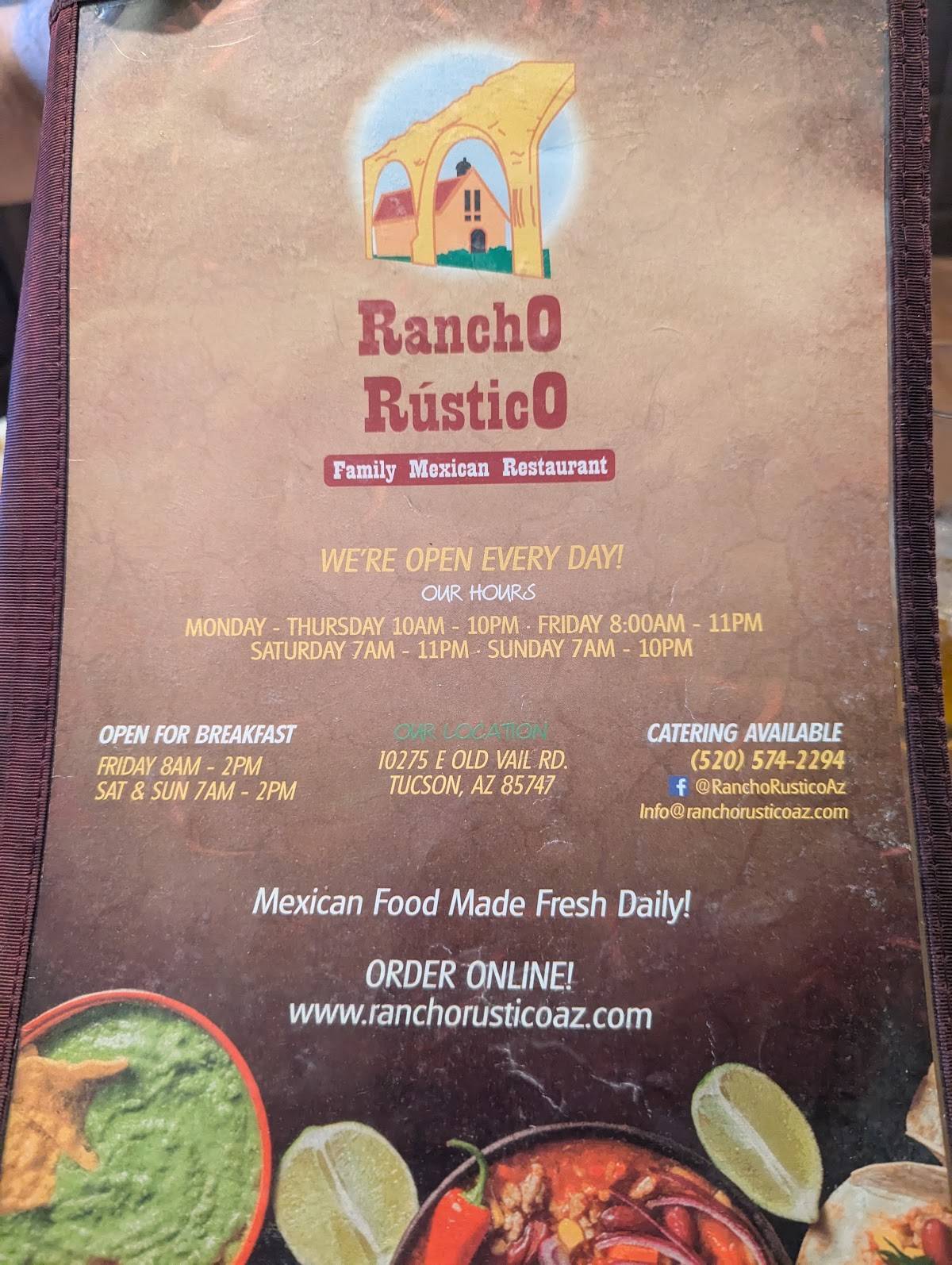 Menu at Rancho Rustico Restaurant, Tucson, E Old Vail Rd