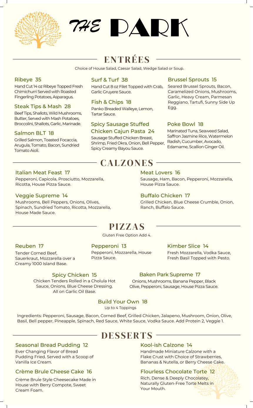 Menu at The Park pub & bar, Rapid City