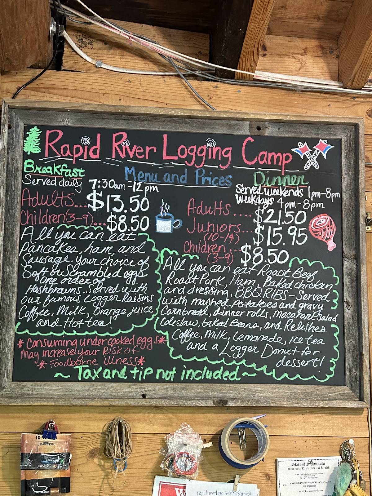 Menu at Rapid River Logging Camp restaurant, Park Rapids