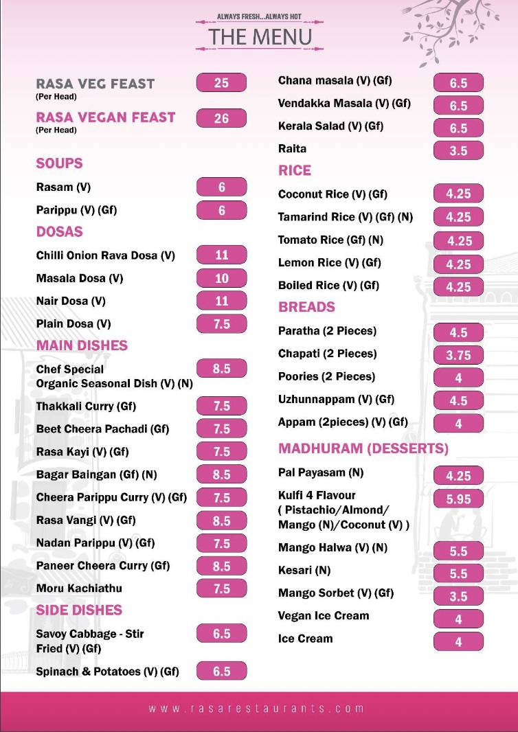 Menu at Rasa restaurant, London, 55 Stoke Newington Church St
