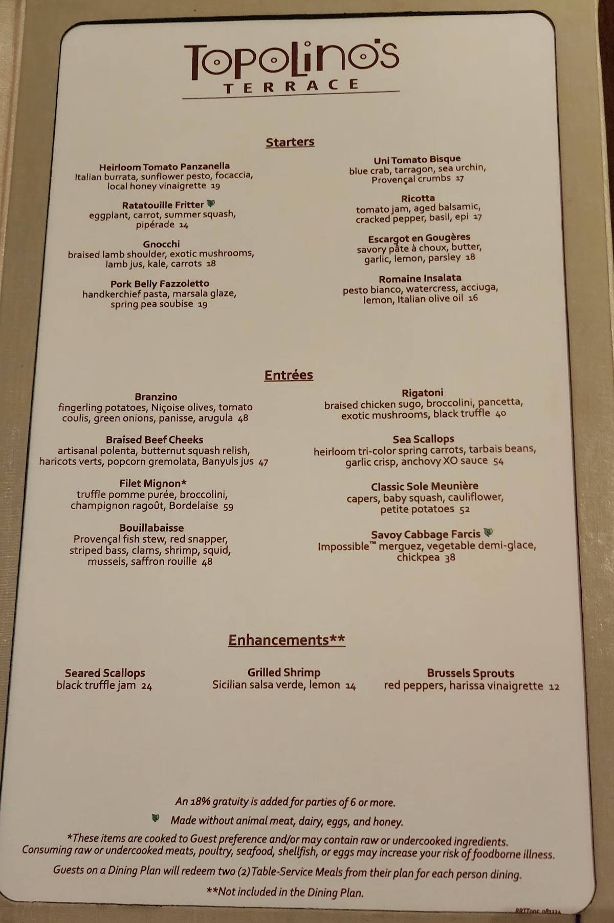 Menu at Ravello restaurant, Orlando