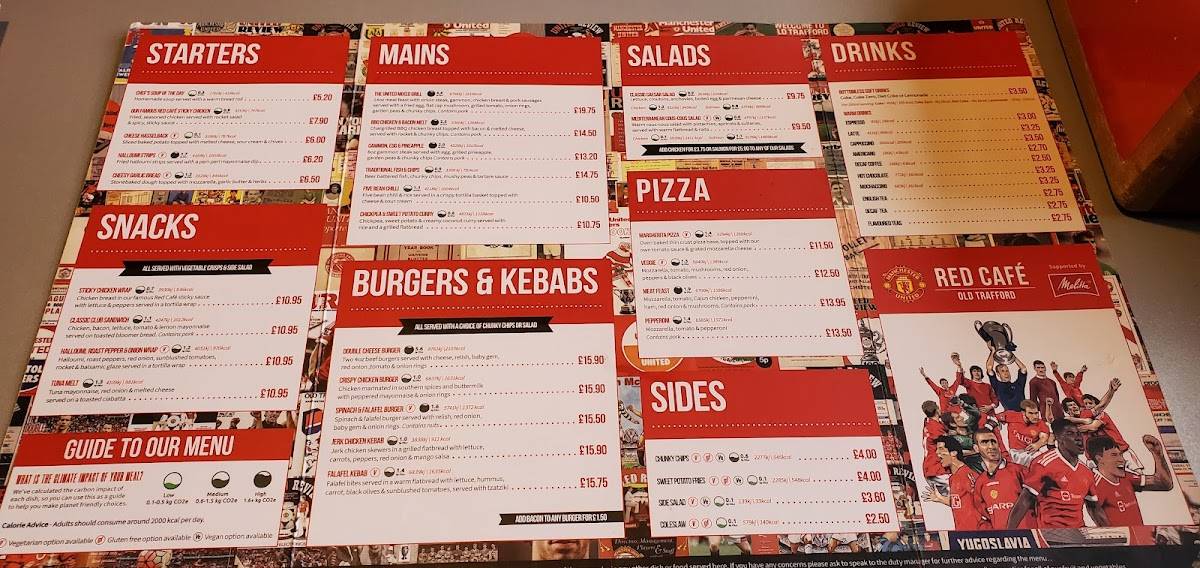 Menu at Red Café at Old Trafford cafe, Manchester, Stadium