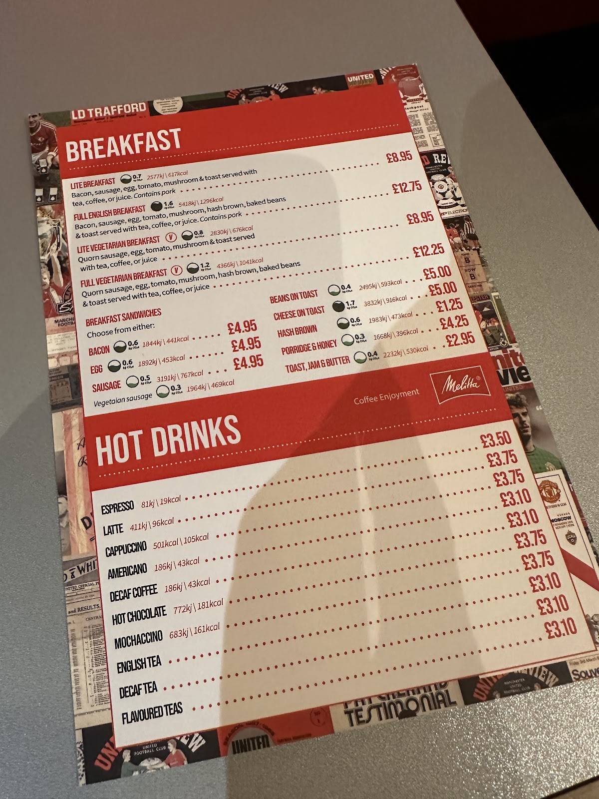 Menu at Red Café at Old Trafford cafe, Manchester, Stadium