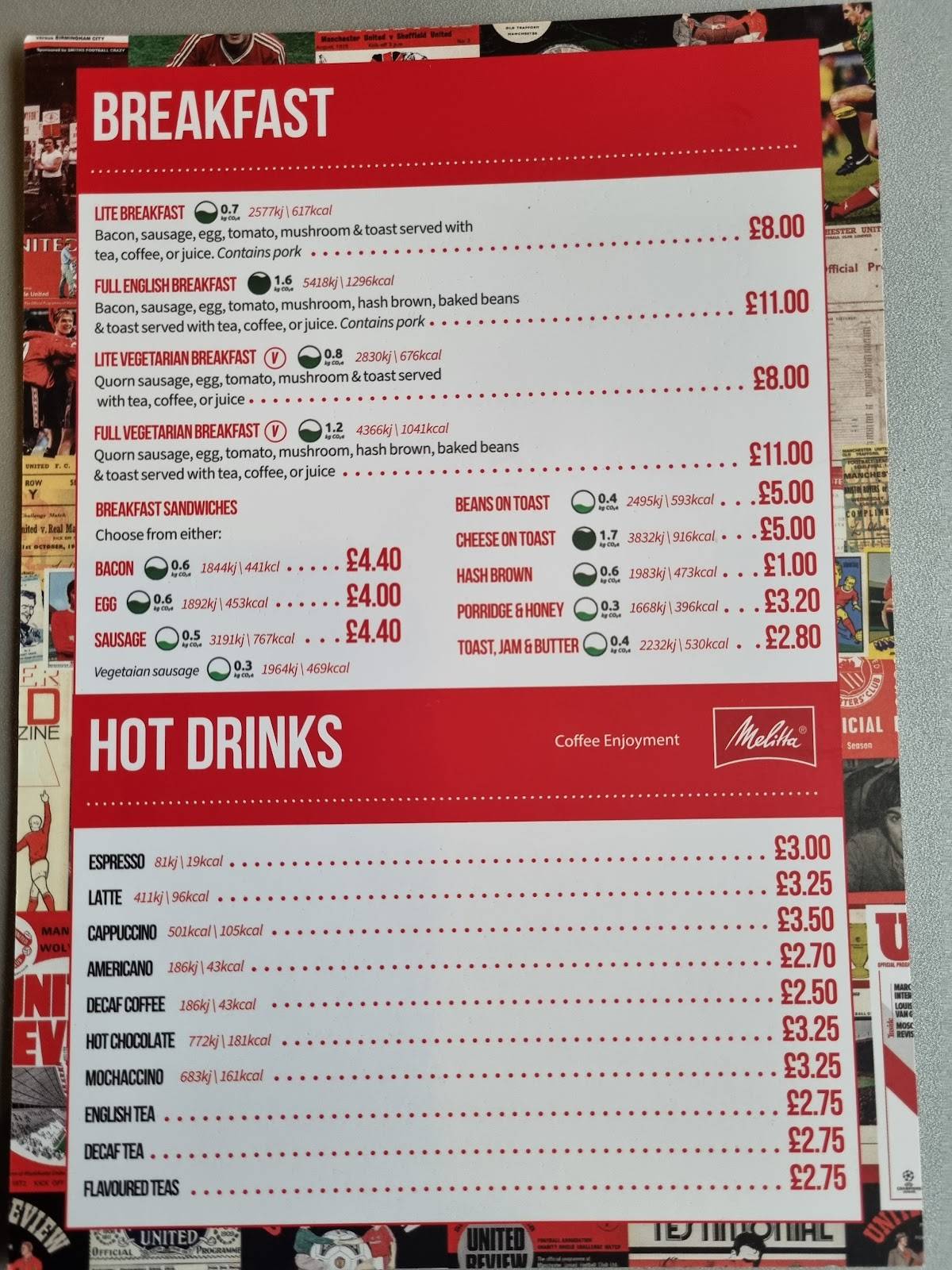 Menu at Red Café at Old Trafford cafe, Manchester, Stadium